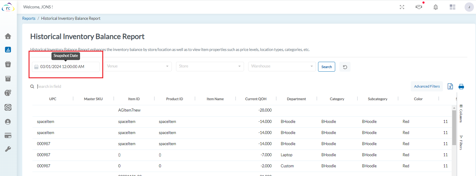 Historical Inventory Balance Report – Help Center